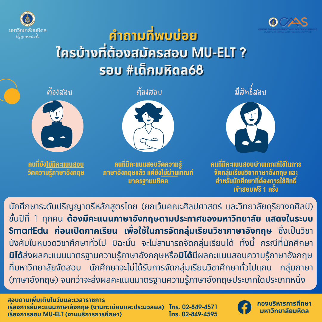 กำหนดการจัดสอบ MU-ELT สำหรับนักศึกษาชั้นปีที่ 1 ปีการศึกษา 2568 - MULifepass
